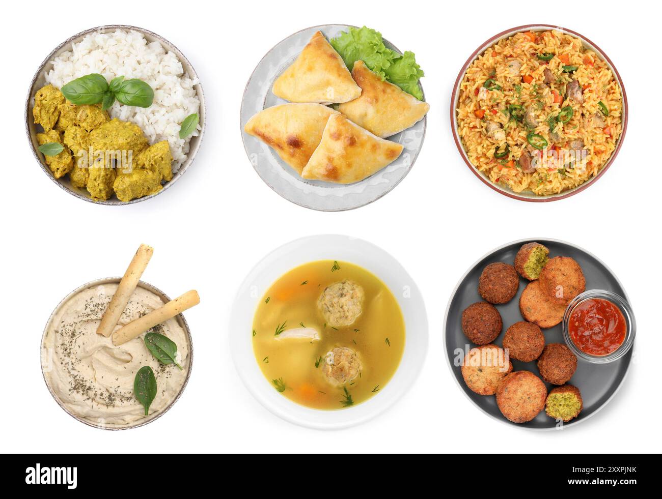 Hummus, samosas, falafel balls, pilaf, matzo balls and rice with curry ...