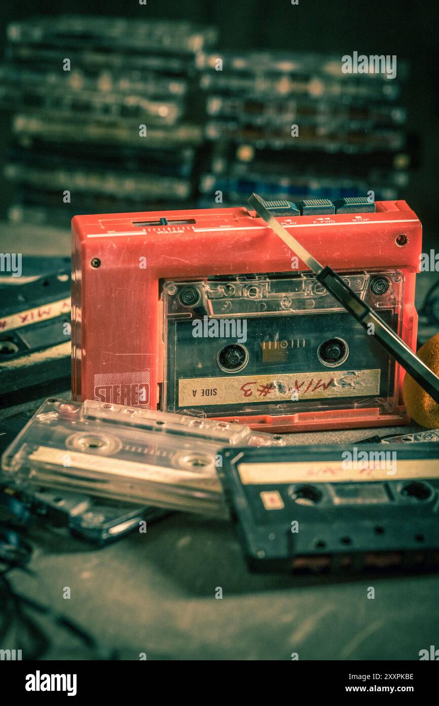 Antique audio cassette with portable player and red headphones Stock ...