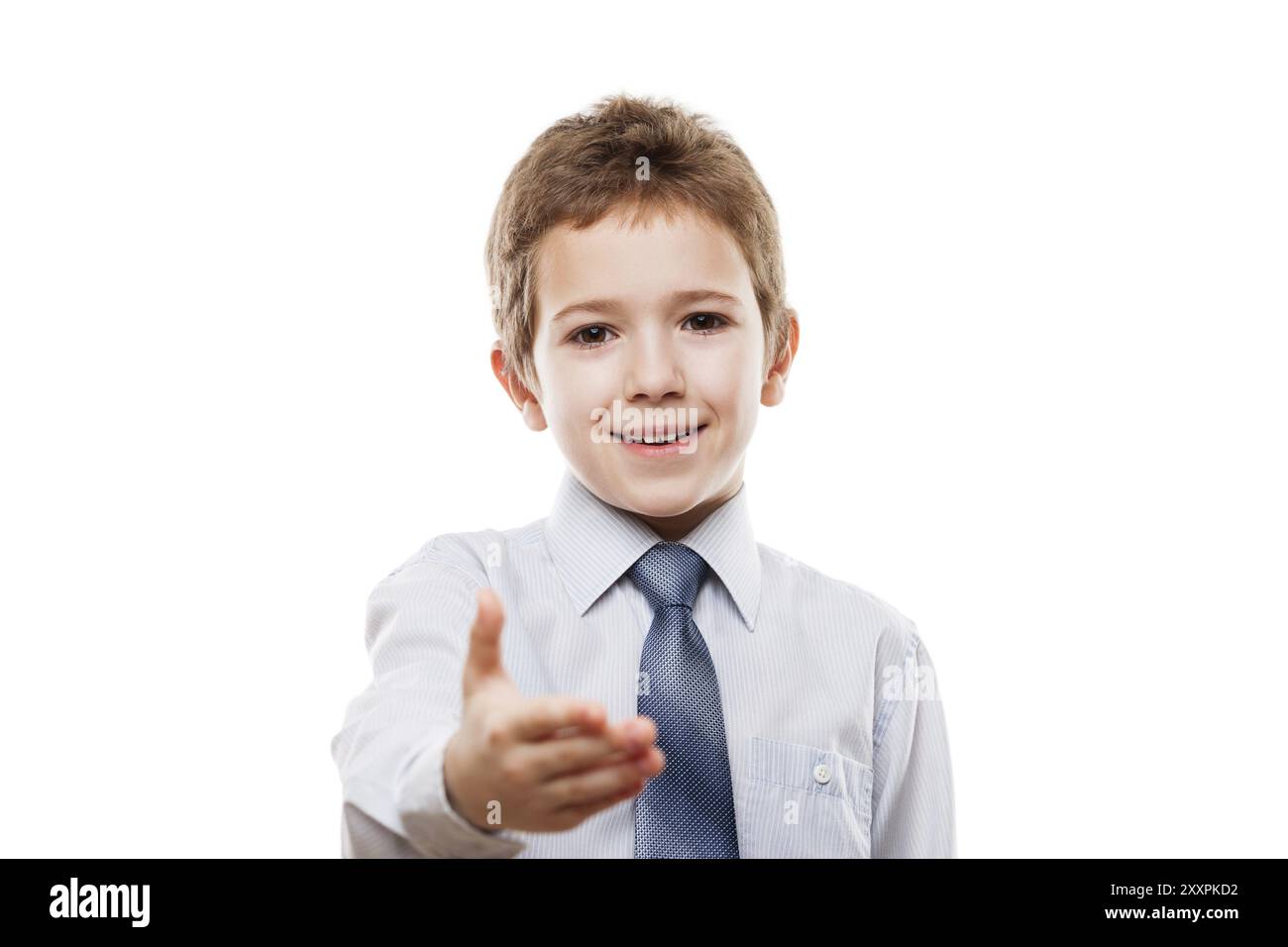 Little smiling child boy gesturing hand greeting or meeting handshake ...