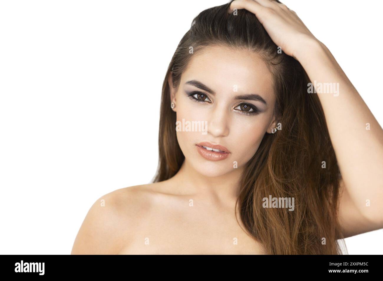 Beautiful young woman with perfect clear skin and long hair isolated on ...