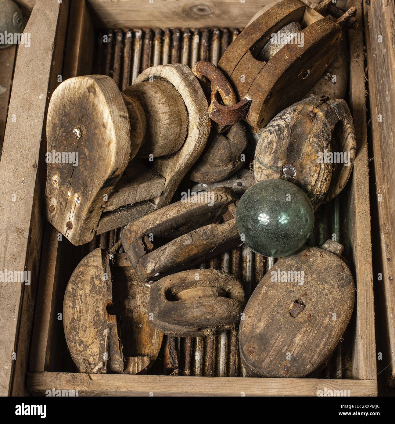 Vintage rope blocks and markings used for fishing decades ago Stock ...