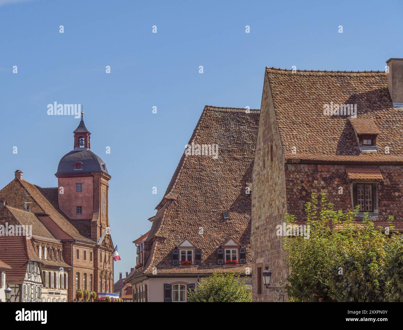 View of an old town centre with historic buildings, towers and half ...