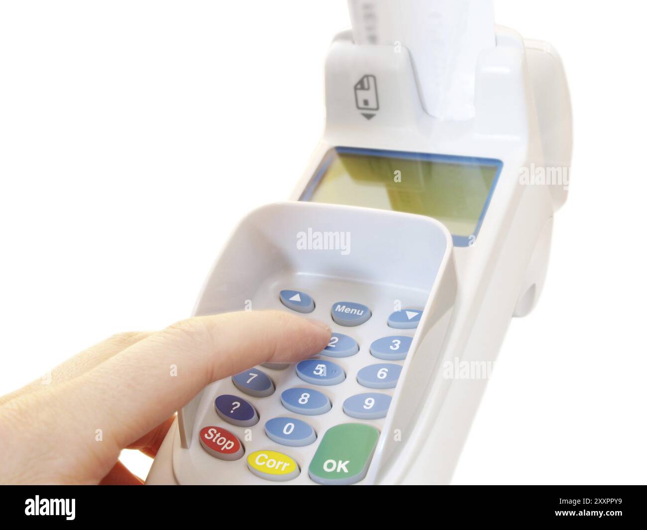 Someone entering the PIN onto a payment terminal towards white ...