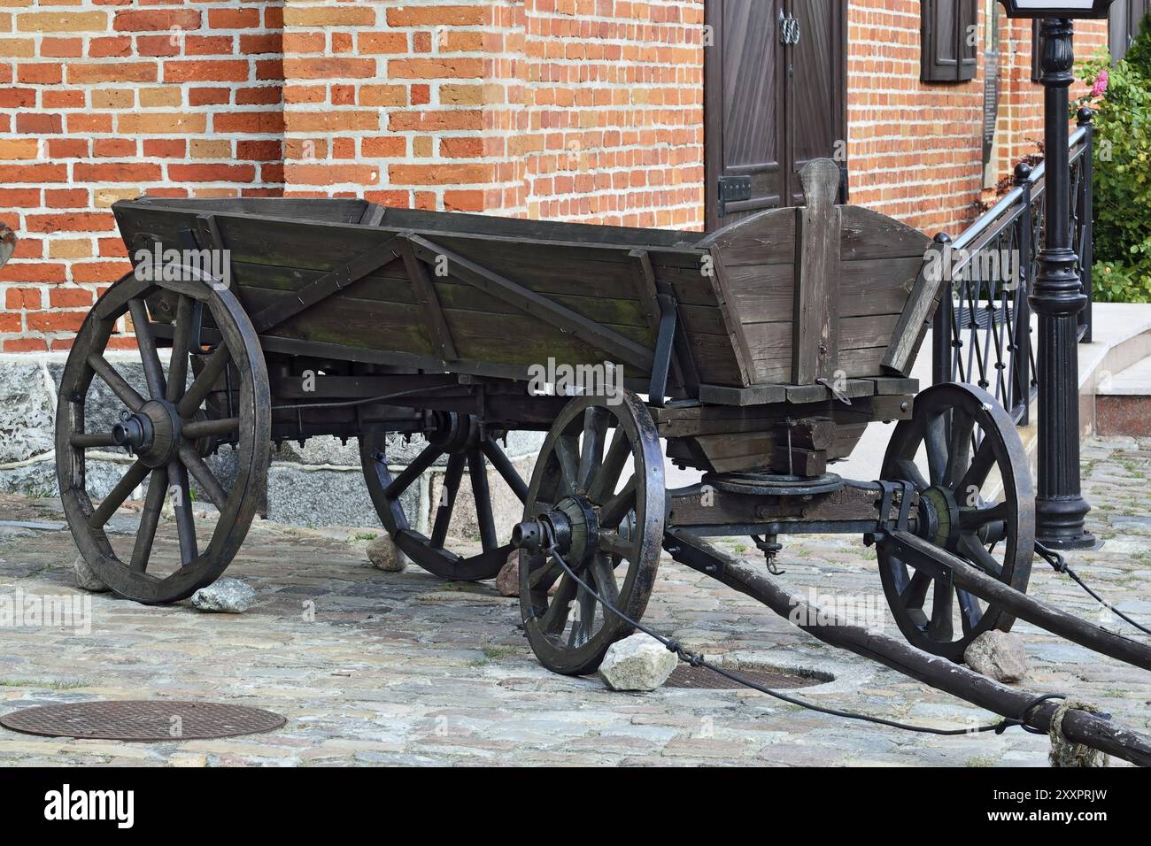Vintage German wooden four-wheeled cart with shafts closeup Stock Photo ...