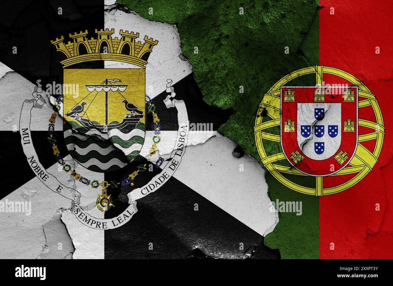 Flags of Lisbon and Portugal painted on cracked wall Stock Photo - Alamy