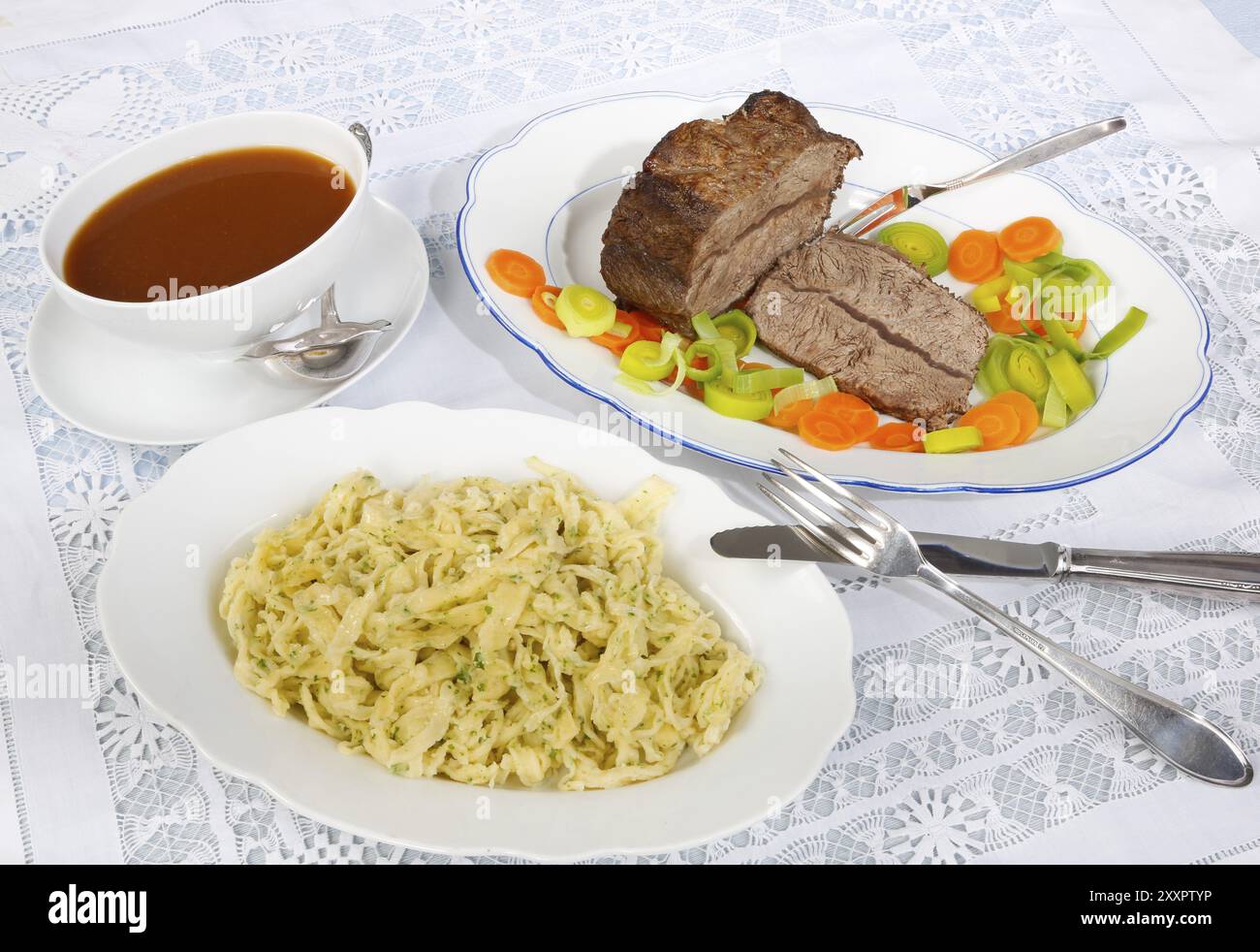 Swabian cuisine, roast beef, roast ox, herb spaetzle, meat dish, gravy ...