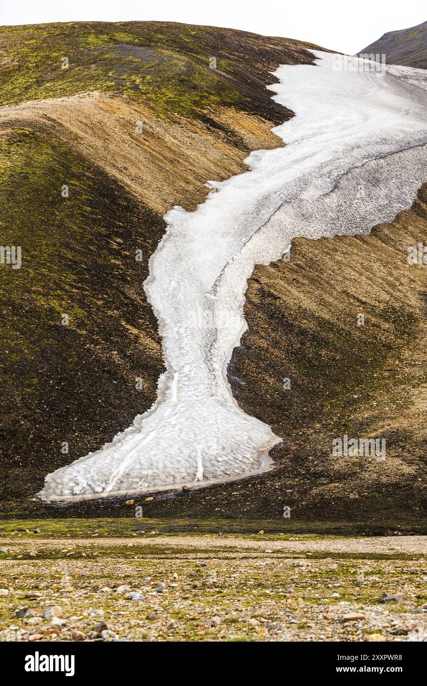 White narrow line of snow on a mountainside in Landmannalaugar, Iceland ...