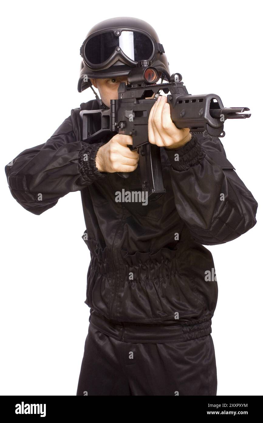 One soldier with the gun in the hands on a white background Stock Photo ...