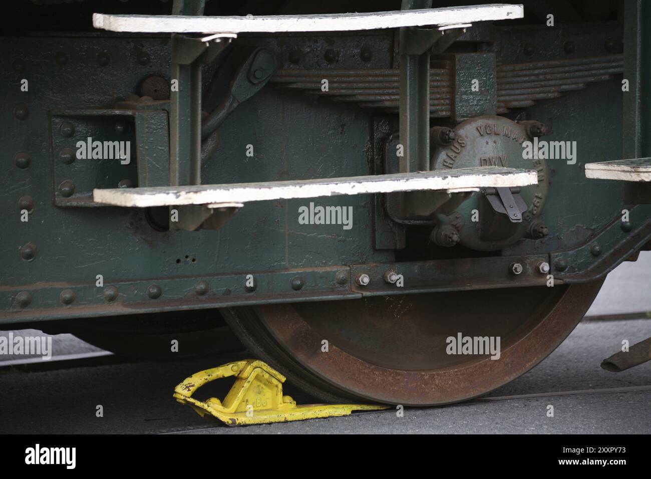 Brake shoe in front of the wheel of a historic railway carriage Stock ...