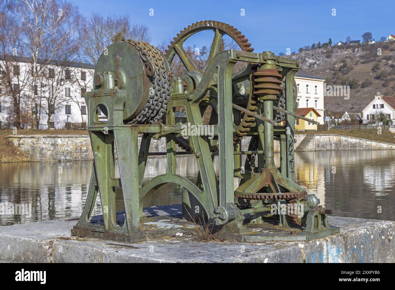 Historic winch at the old harbour of the Ludwig Danube Main Canal in ...