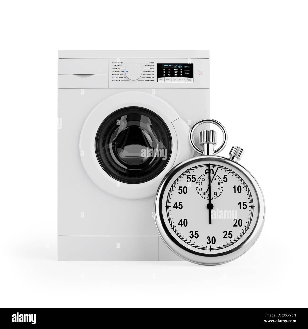 Fast Wash Concept. Modern Washing Machine with Stopwatch on a white ...