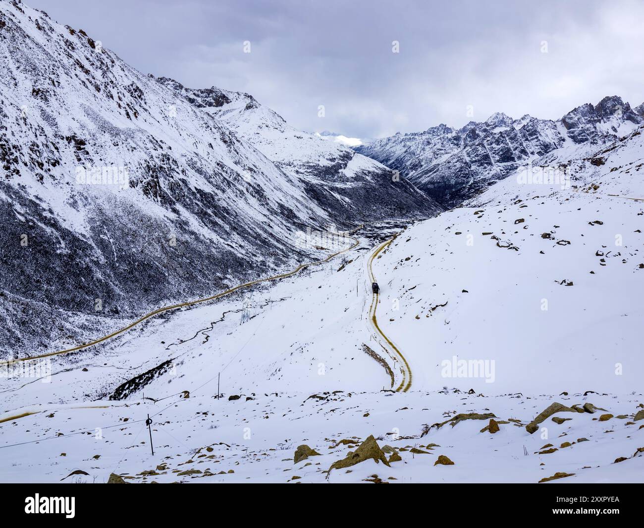 Aerial view of highway at the snow mountain in Sichuan, China, Asia ...