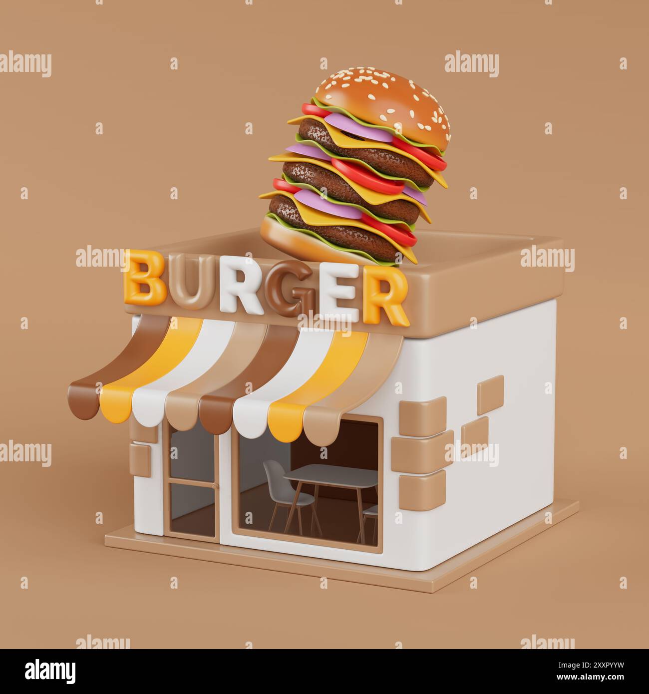Cartoon Burger Shop Fast Food Building Icon on a yellow background. 3d ...