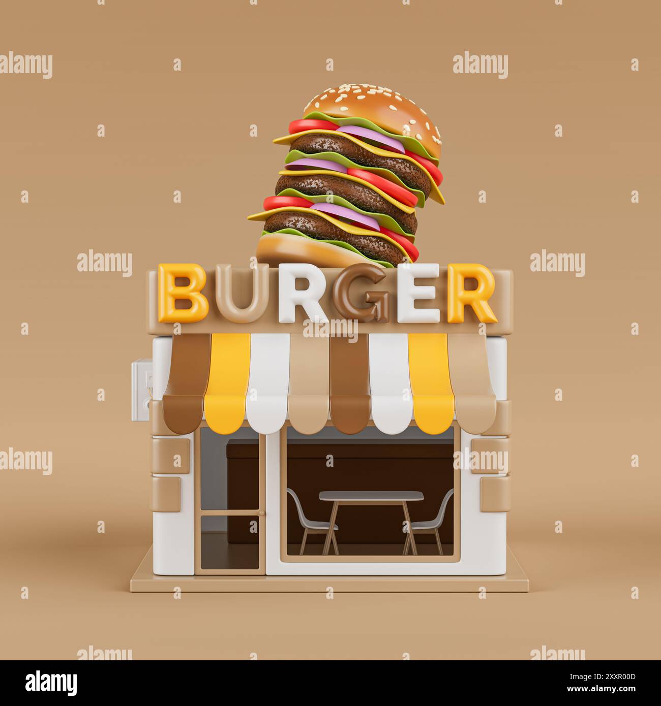 Cartoon Burger Shop Fast Food Building Icon on a yellow background. 3d ...