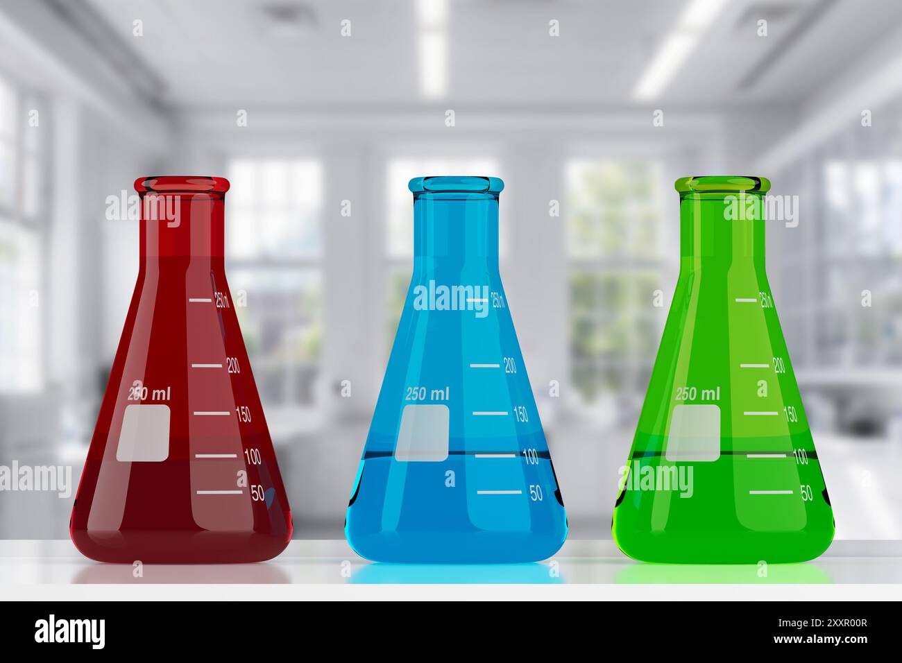 Red, Blue and Green Transparent Chemical Laboratory Conical Flasks with ...
