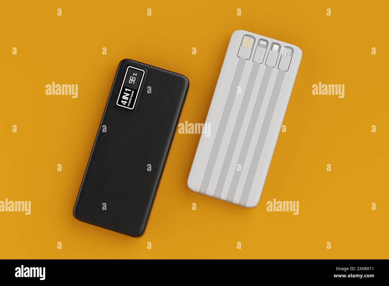 White and Black Mobile Devices Charging Power Banks on a yellow ...