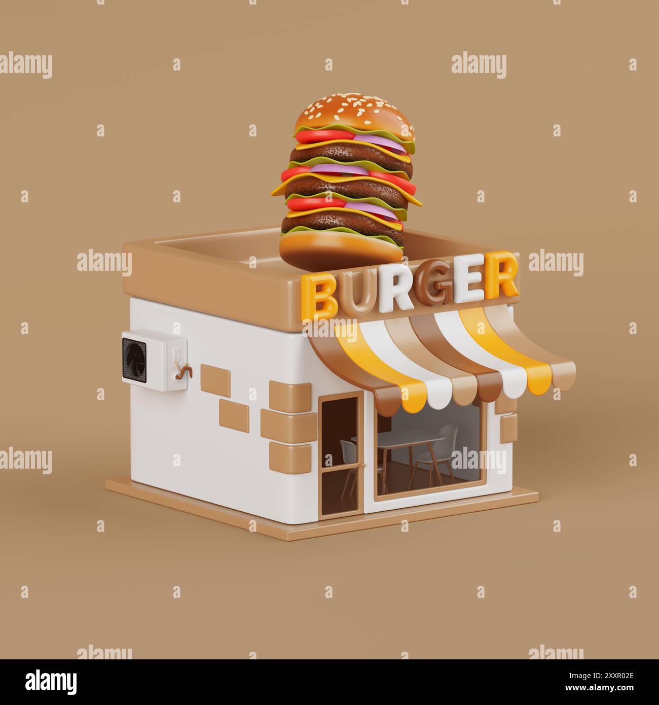 Cartoon Burger Shop Fast Food Building Icon on a yellow background. 3d ...
