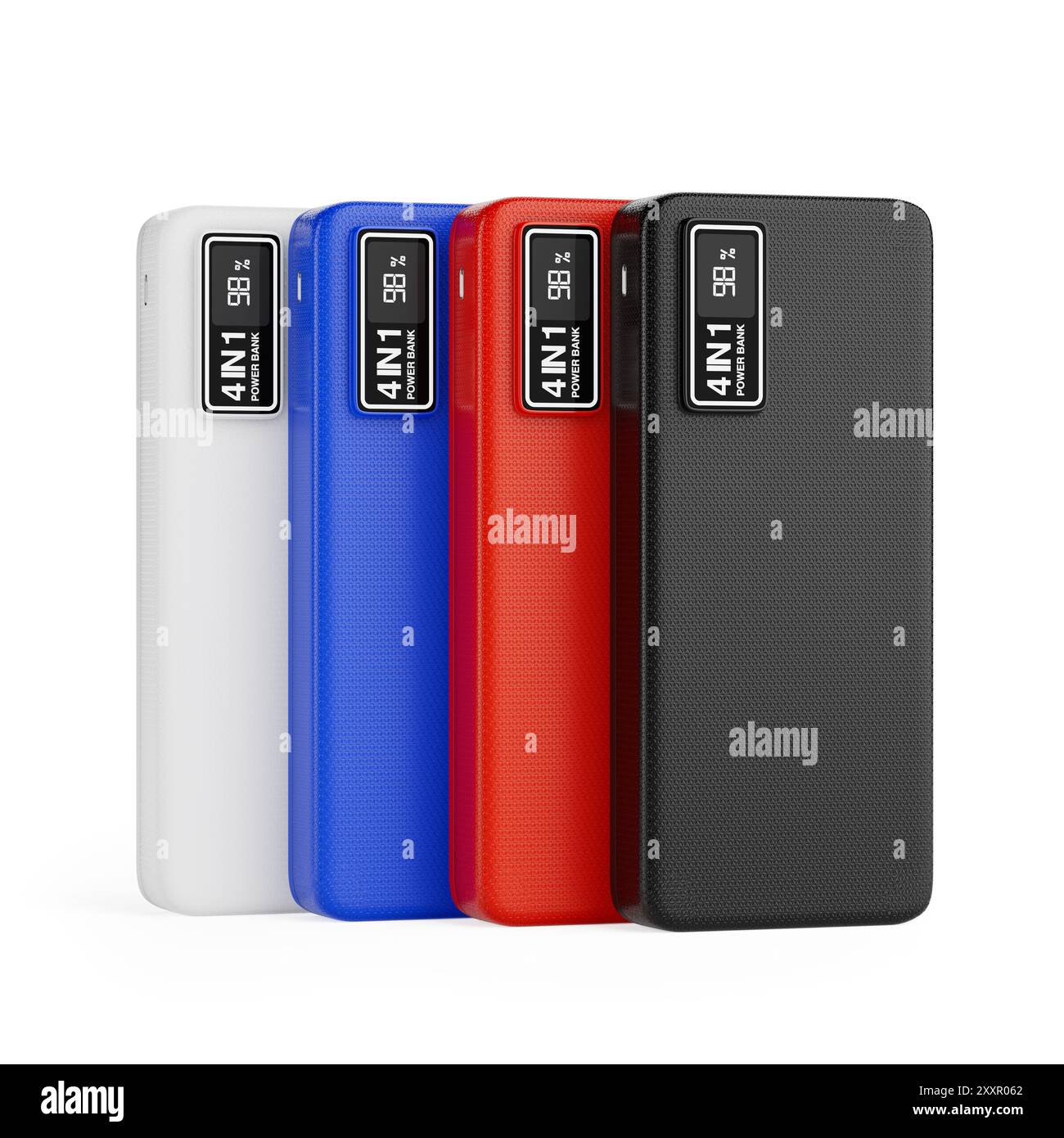 Colored Mobile Devices Charging Power Banks on a white background. 3d ...