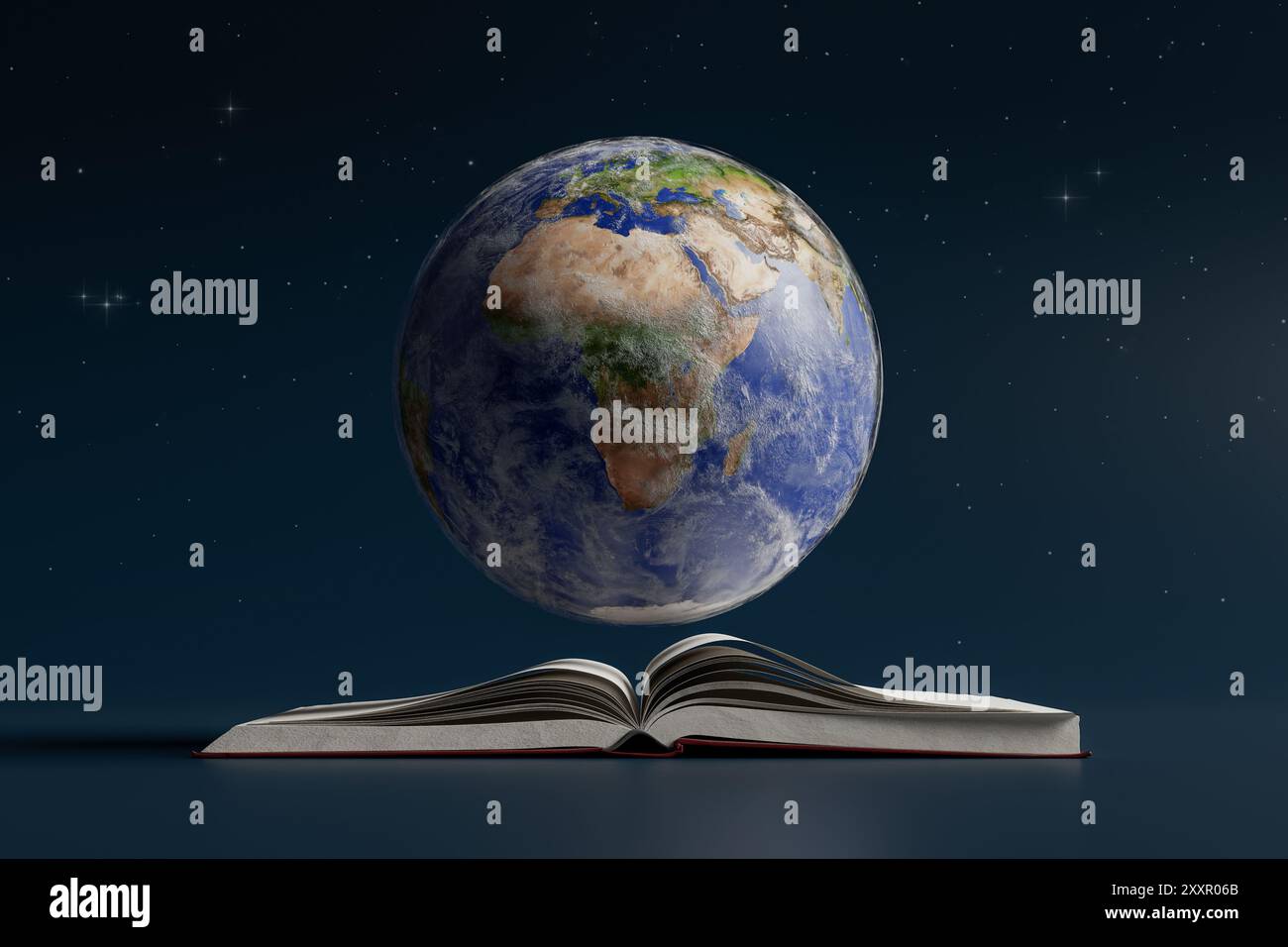 Planet Earth World Globe Over an Open Book on a blue sky stars ...