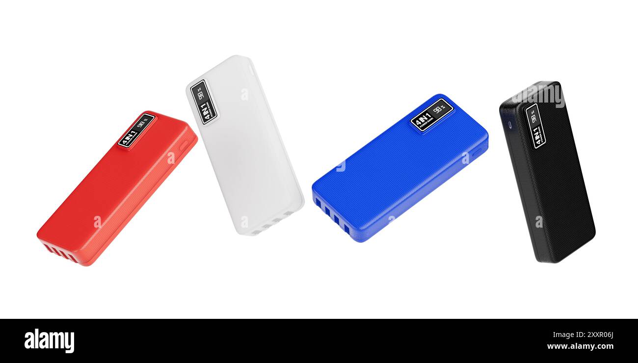 Colored Mobile Devices Charging Power Banks on a white background. 3d ...