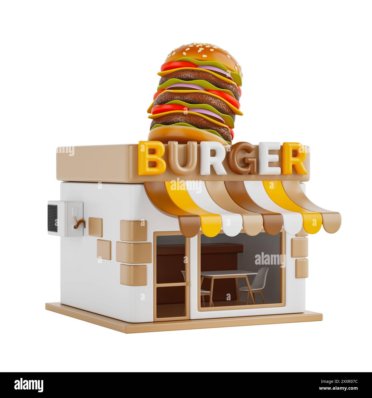 Cartoon Burger Shop Fast Food Building Icon on a white background. 3d ...