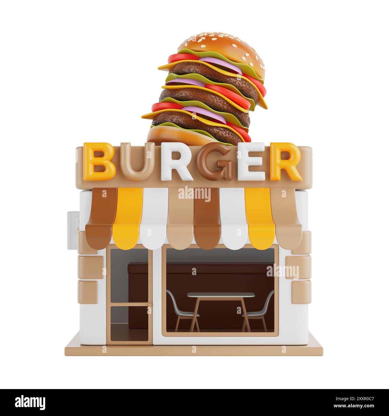 Cartoon Burger Shop Fast Food Building Icon on a white background. 3d ...