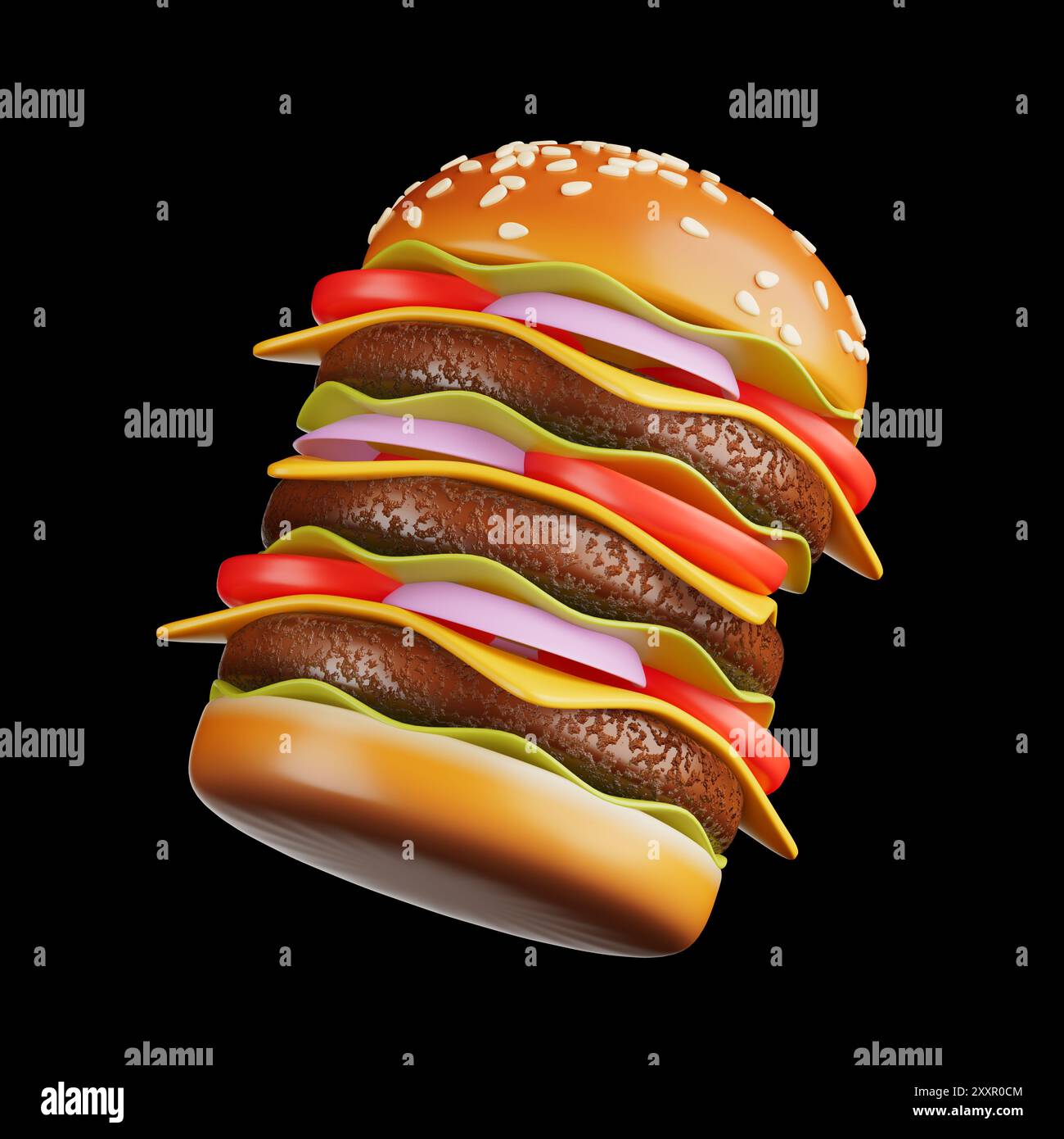 Cartoon Premium Delicious Big Burger Icon on a black background. 3d ...