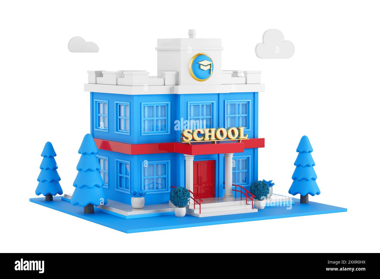 Abstract Scene with Cartoon School Building on a white background. 3d ...