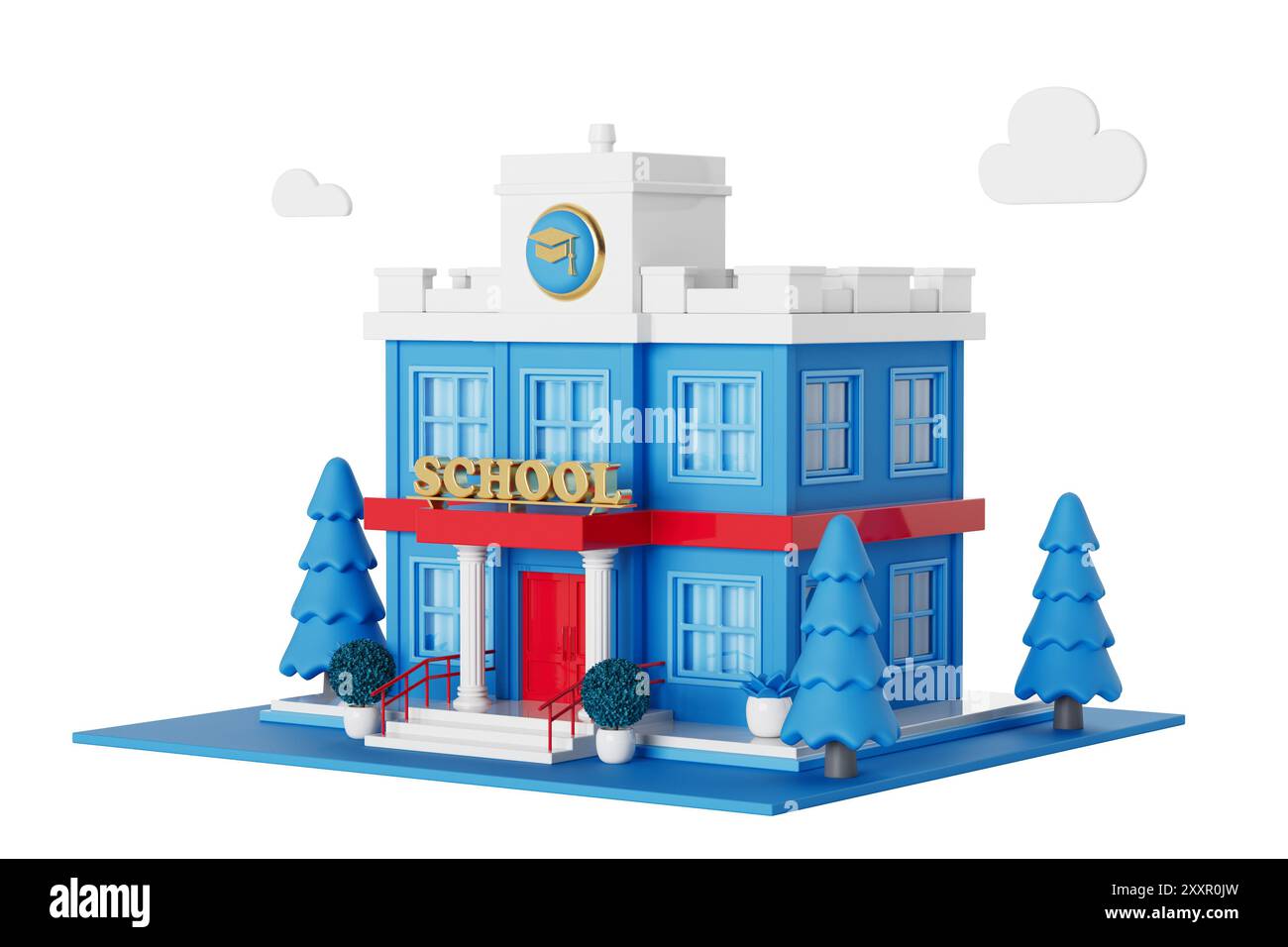 Abstract Scene with Cartoon School Building on a white background. 3d ...