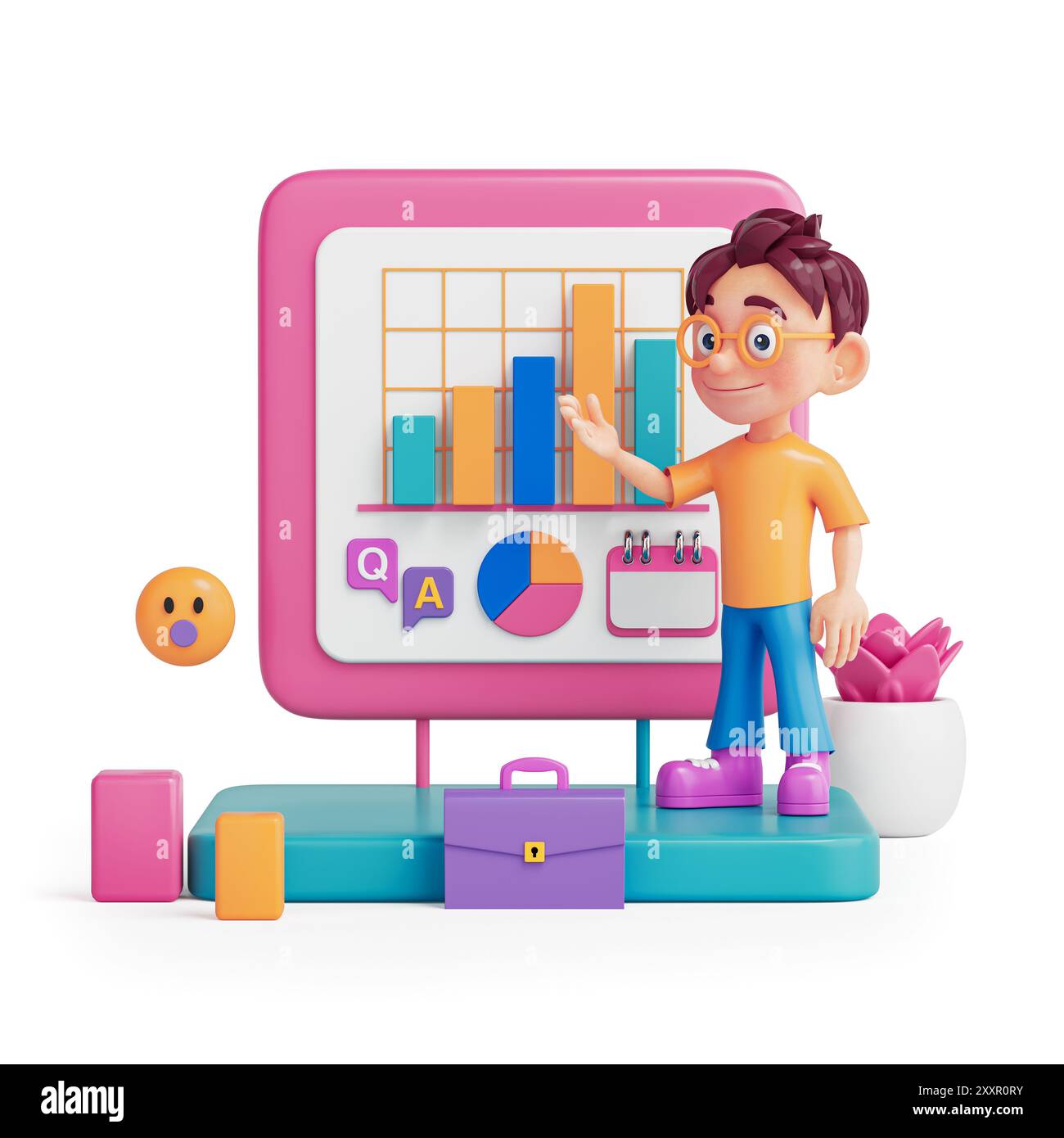 Cartoon Boy Character Person Showing Presentation of a Growth Diagram ...