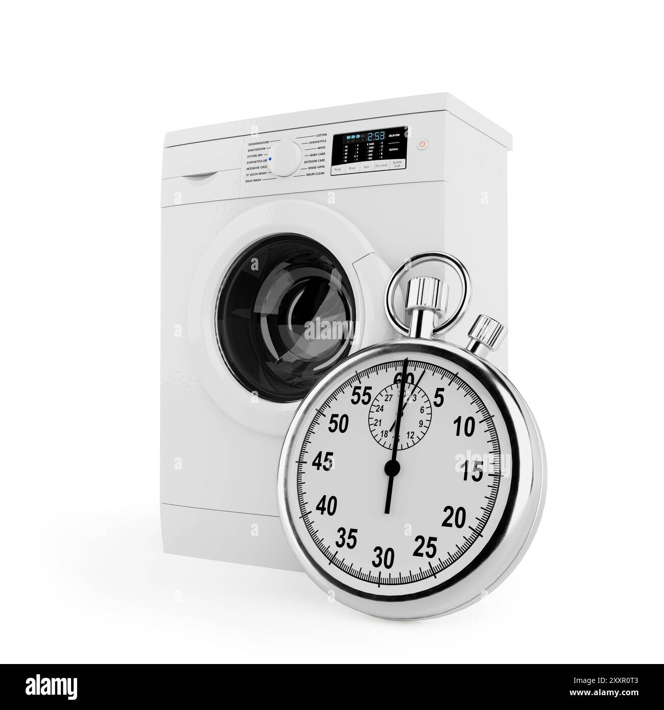 Fast Wash Concept. Modern Washing Machine with Stopwatch on a white ...