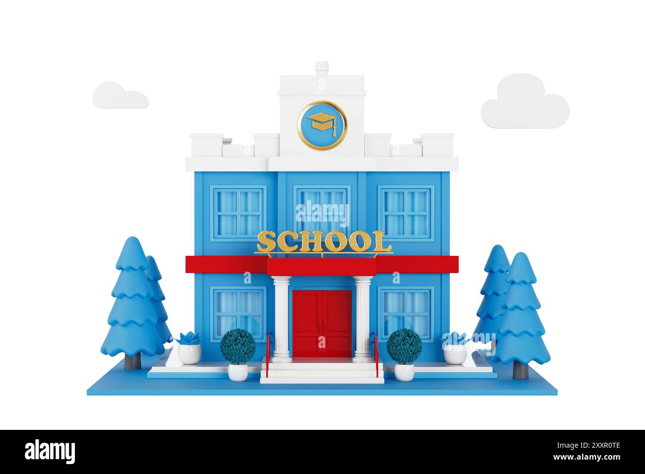 Abstract Scene with Cartoon School Building on a white background. 3d ...