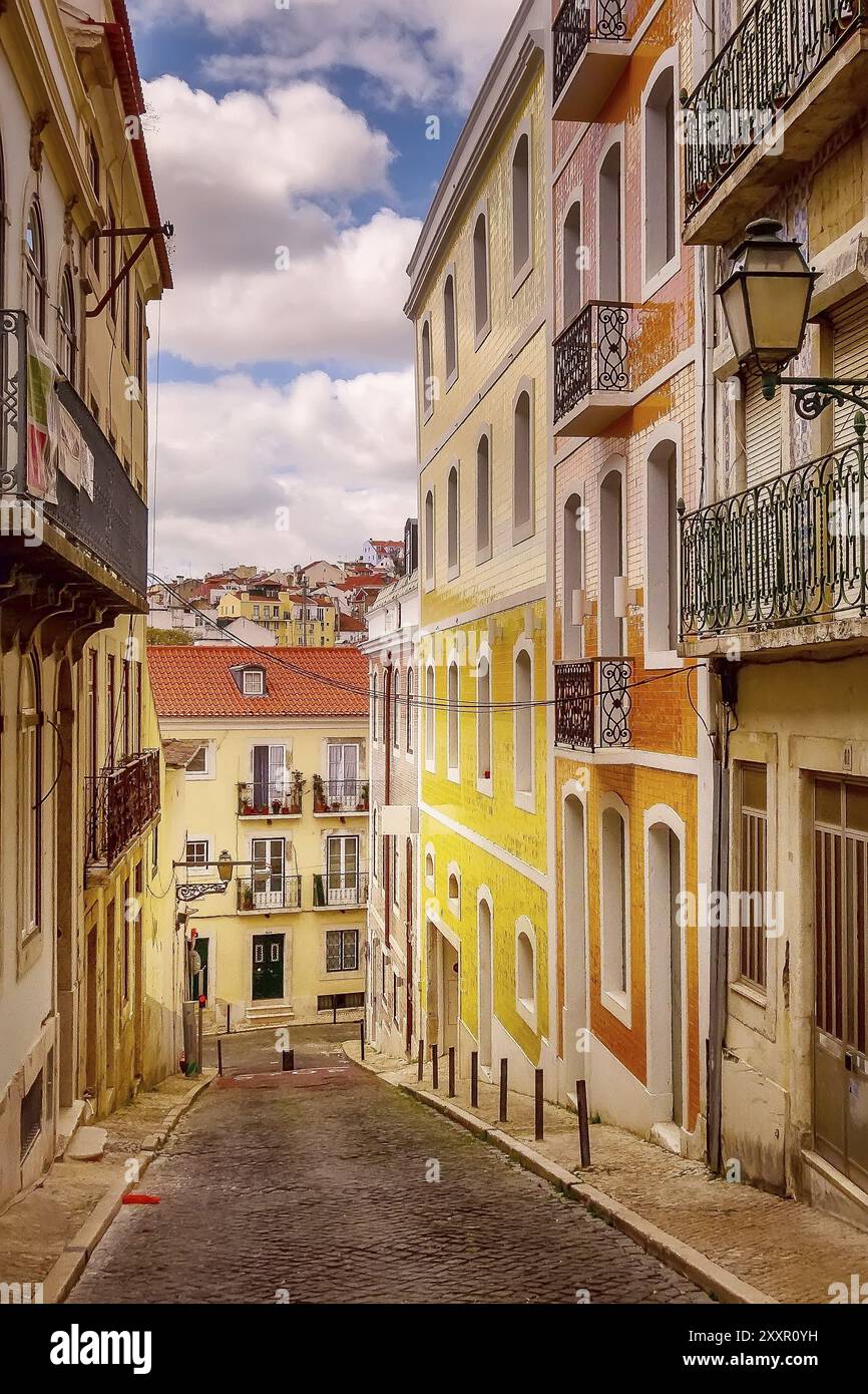 Lisbon, Portugal street perspective view with colorful traditional ...