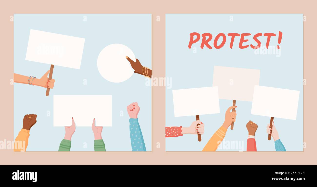 Diverse hands hold blank signs and round placards Stock Vector Image ...
