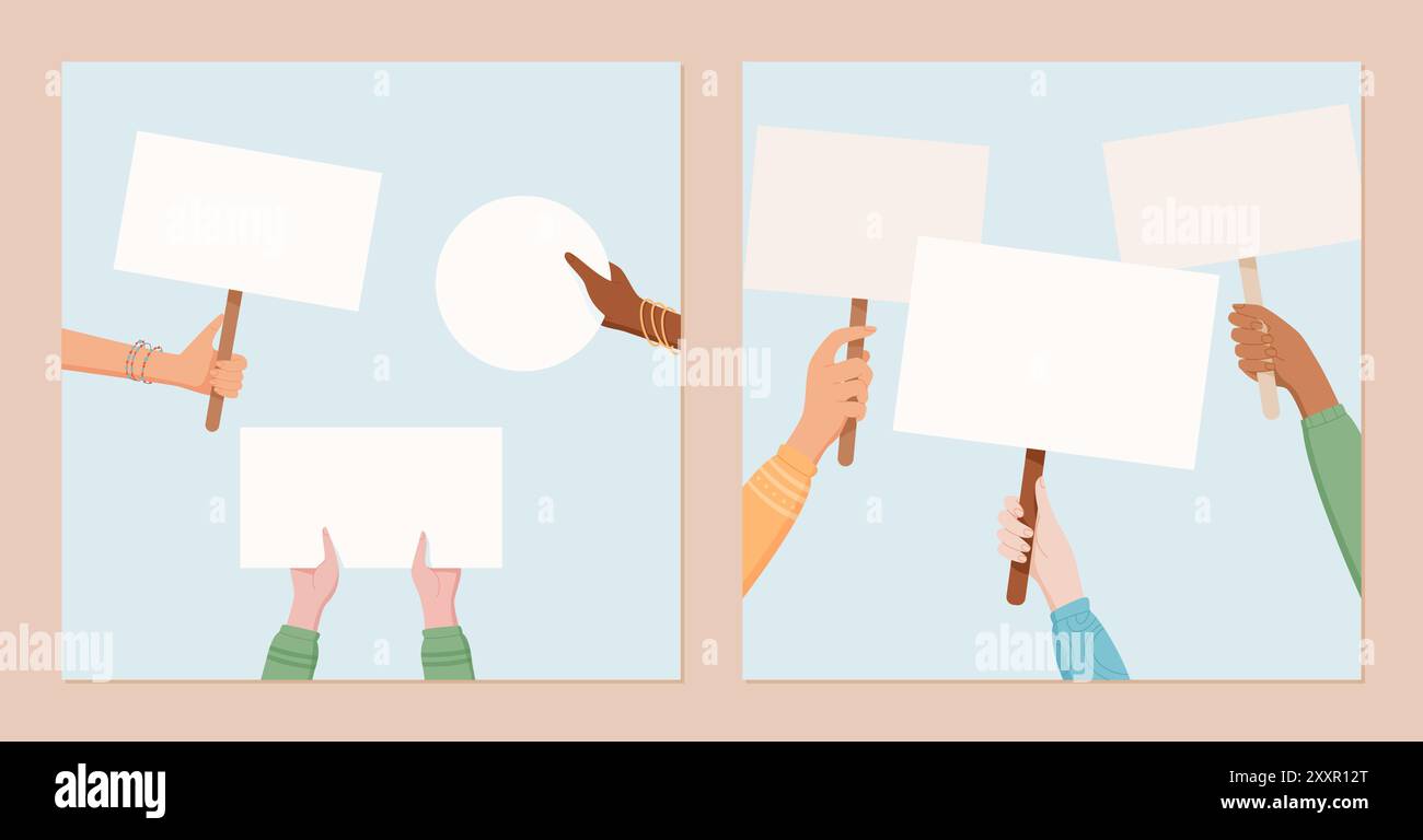 Hands hold blank signs and placards for a protest Stock Vector Image ...