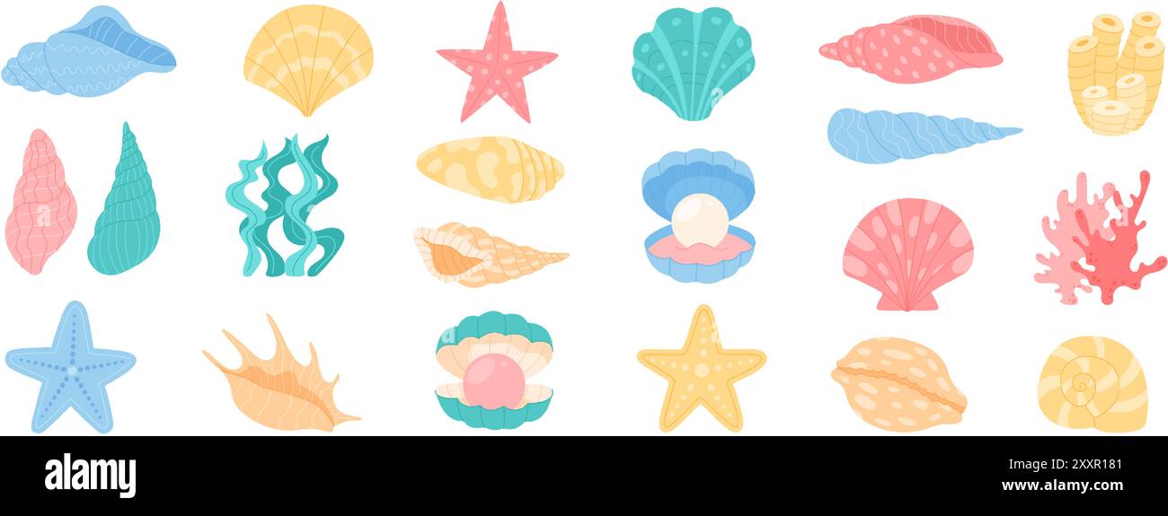 Seashell collection cartoon shellfish and coral hi-res stock ...