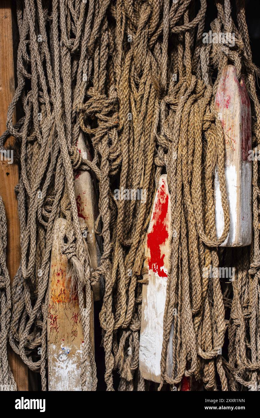 Vintage ropes and markings used in fishing a long time ago Stock Photo ...