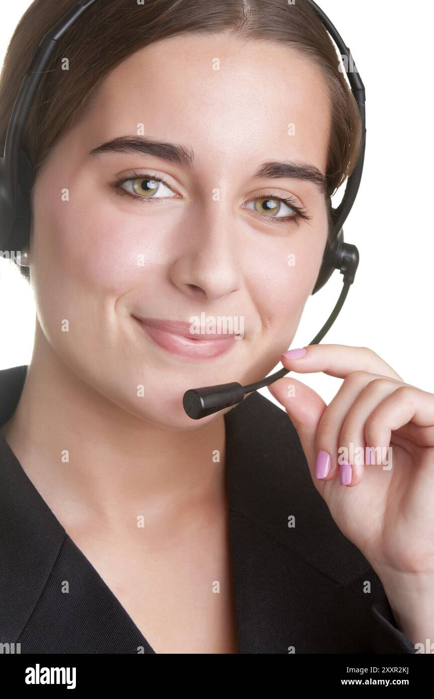 Corporate woman talking over her headset, isolated in a white background Stock Photo - Alamy