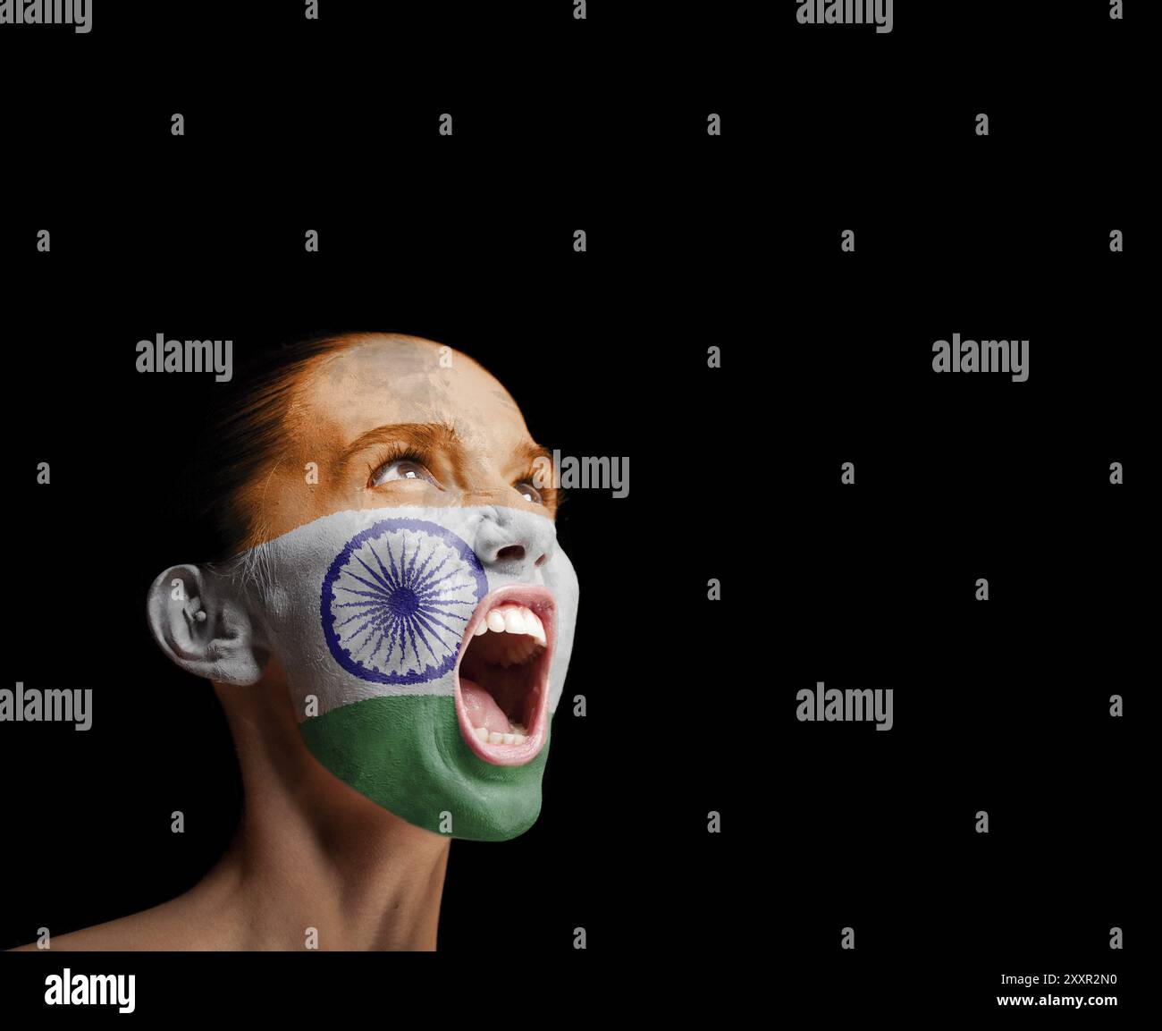 The Indian flag on the face of a screaming woman. concept Stock Photo ...