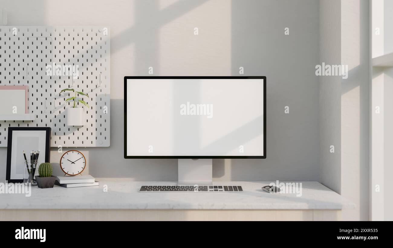 A modern white computer desk features a computer with a white-screen ...
