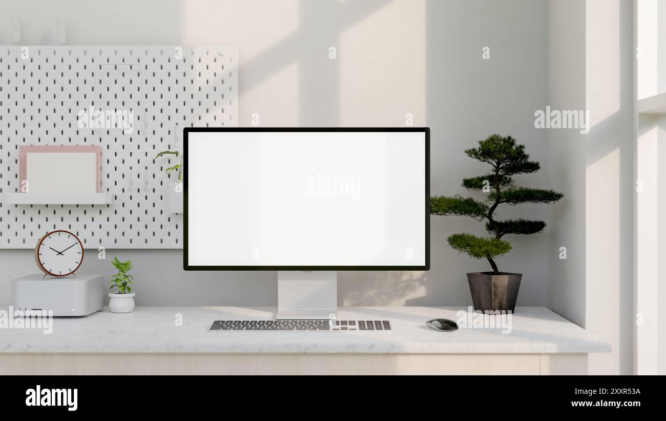 A modern white computer desk features a computer with a white-screen ...