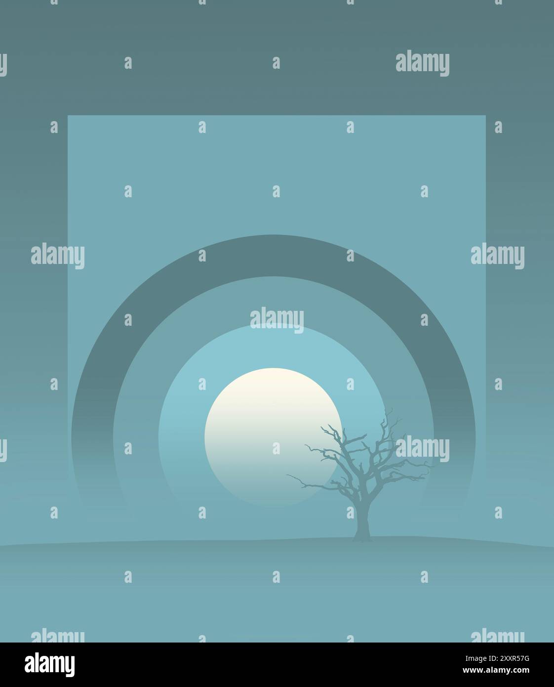 A misty sunset in cool cyan colors feature a circiular sunset and fog ...