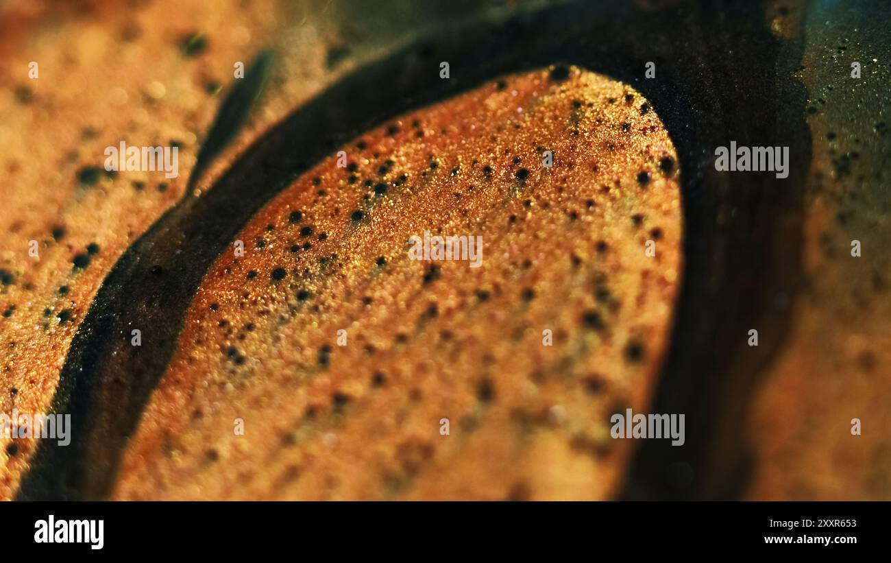 Glitter fluid spill. Ink drip. Defocused golden green black color ...