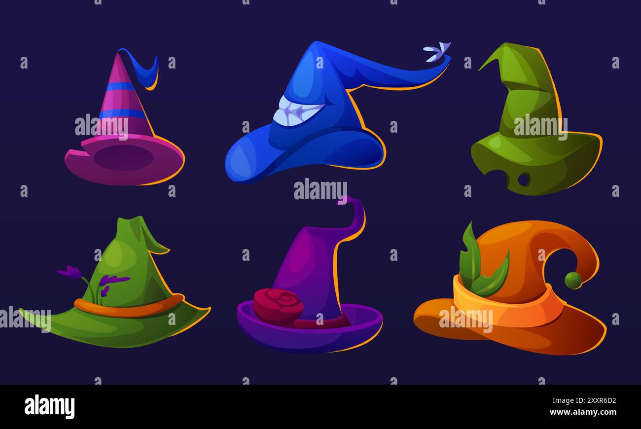 Magic fairy witch cap with pointy end and decorative elements. Cartoon ...