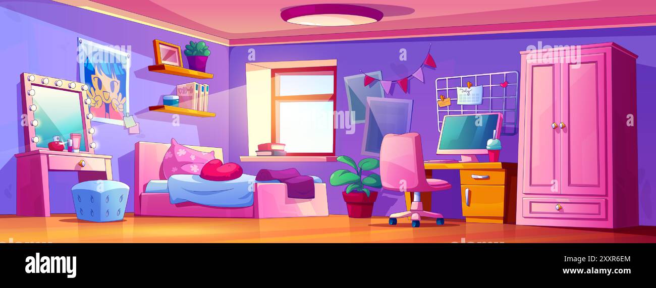 Tidy teen girl bedroom interior. Vector cartoon illustration room with ...
