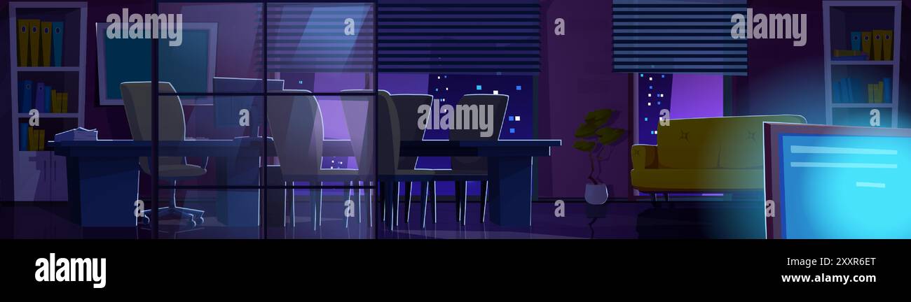 Night business office interior. Vector cartoon illustration of empty ...
