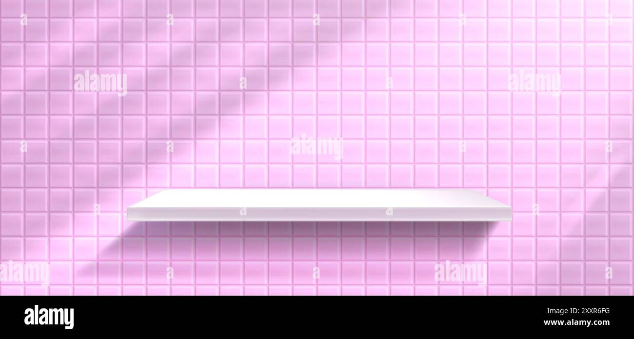White shelf on pink tiled wall background. Vector realistic ...