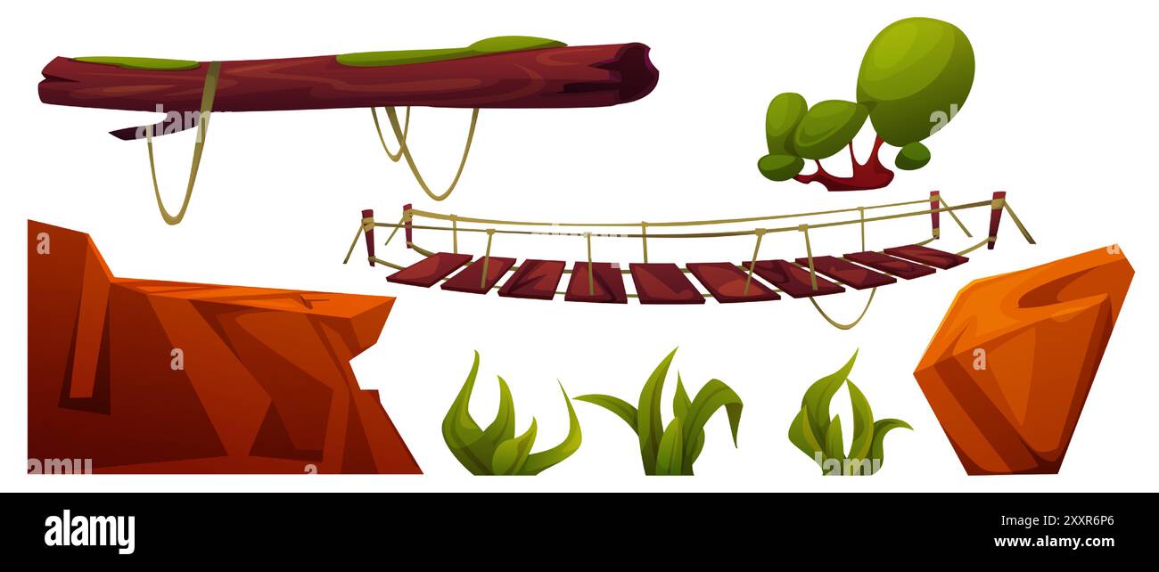 Wooden log and hanging rope bridge for danger cliff cross walkway ...