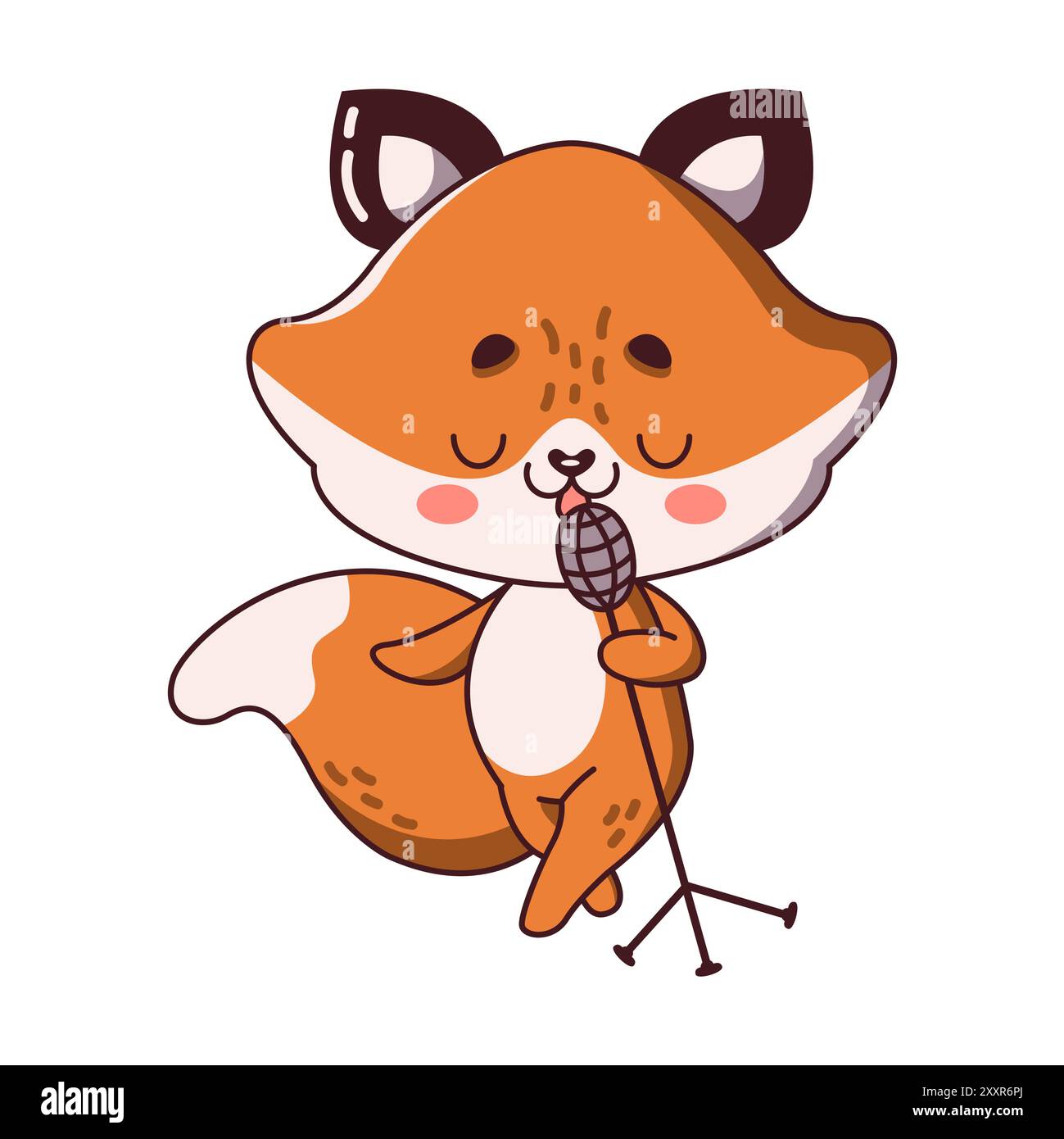 Kawaii fox singing in microphone flat color vector illustration ...