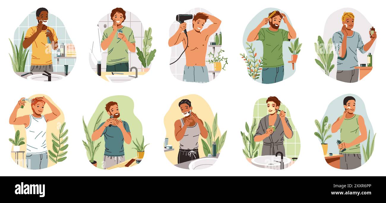 Handsome young men doing beauty procedures flat color vector icon set ...